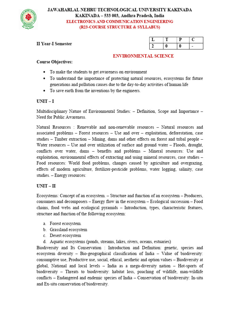Environmental Science Syllabus R23 | PDF | Ecosystem | Pollution