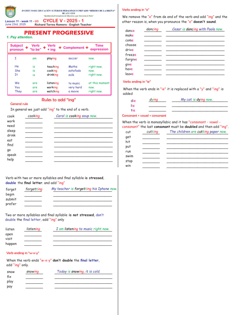 Present Progressive Verb Rules Guide | PDF | Syllable | Languages