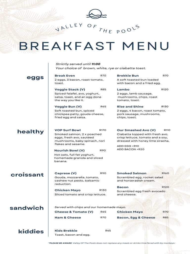 Valley of The Pools Breakfast Menu 2023 | PDF | Bacon | Drink