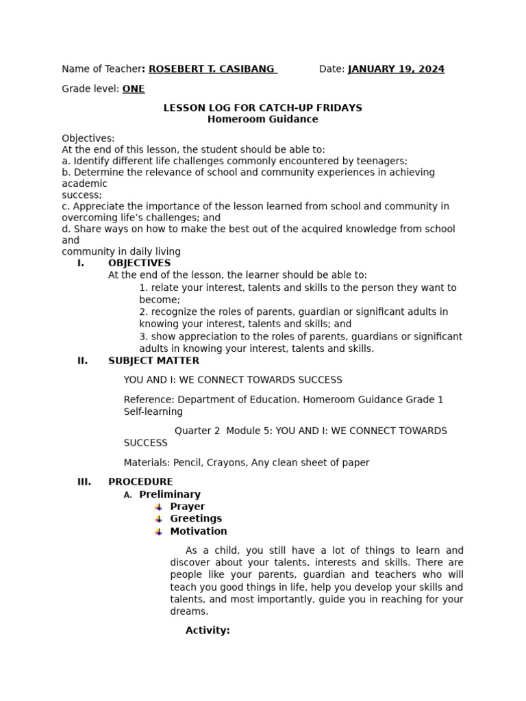 Lesson Plan in Homeroom Guidance Grade 1 | PDF | Teachers | Behavior ...