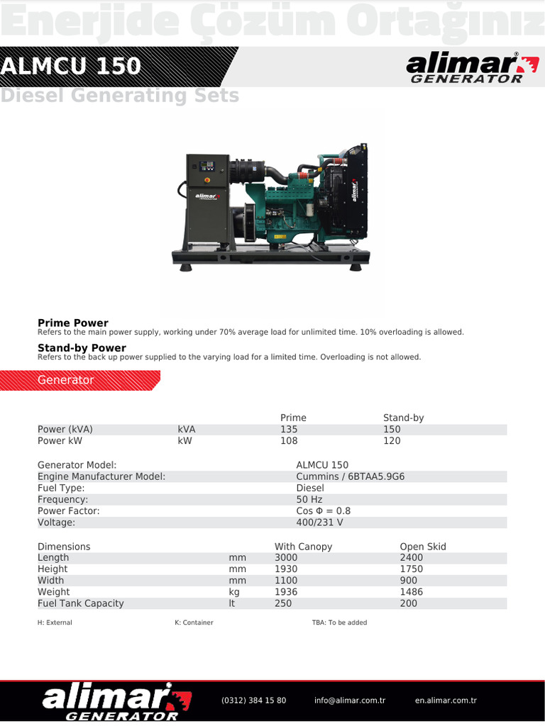 ALMCU 150 Diesel Generator Specs | PDF | Diesel Engine | Engines