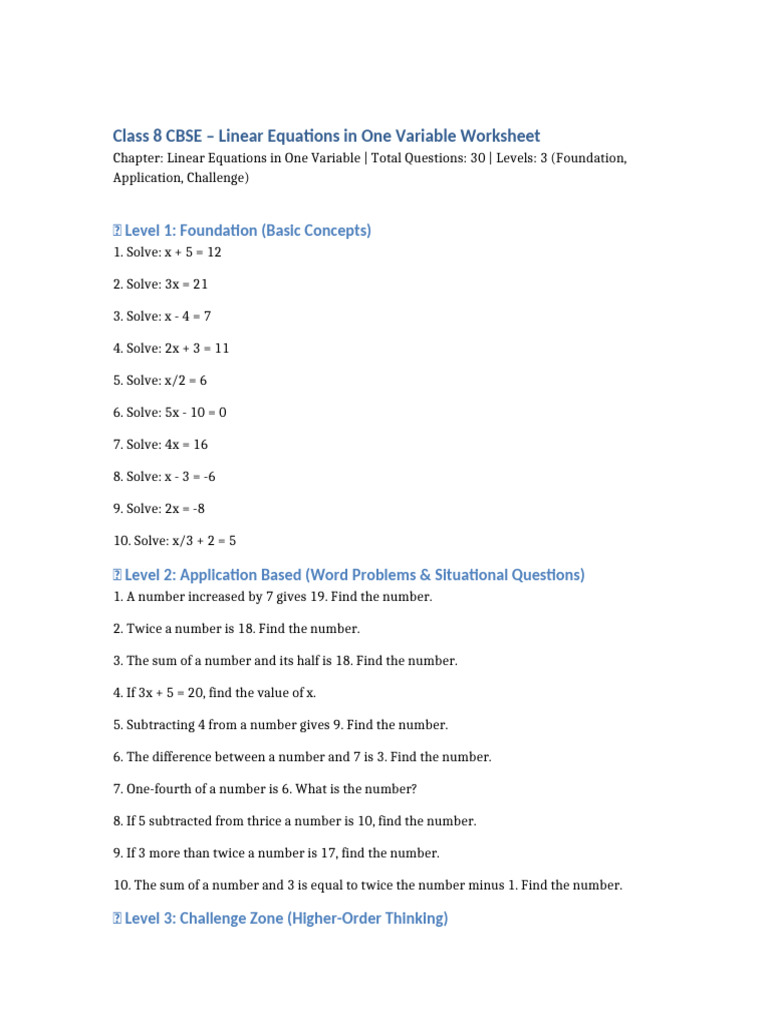 Class 8 CBSE Linear Equations Worksheet | PDF