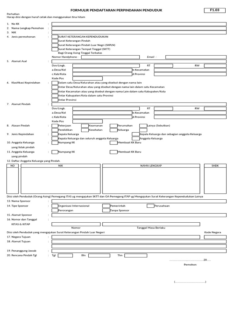 Formulir Pendaftaran Pindah Penduduk | PDF