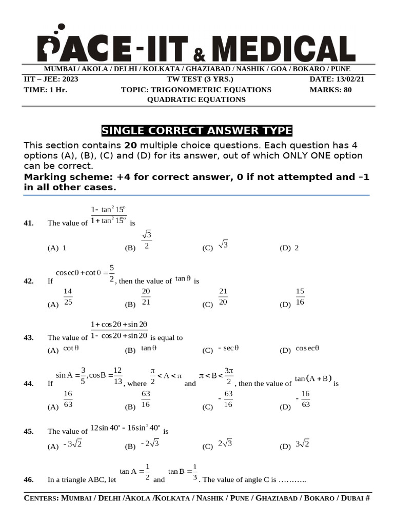 IIT JEE 2023 Trigonometry Test Paper | PDF | Algebra | Mathematical Objects