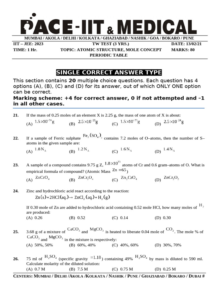 Atomic Structure, Mole Concept & Periodic Table (Question Paper) | PDF ...