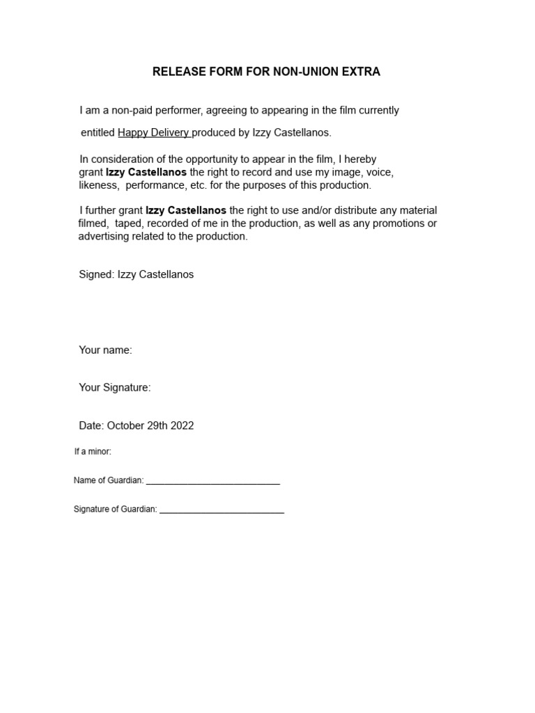 Extras Release Form Happy Delivery Yourname | PDF