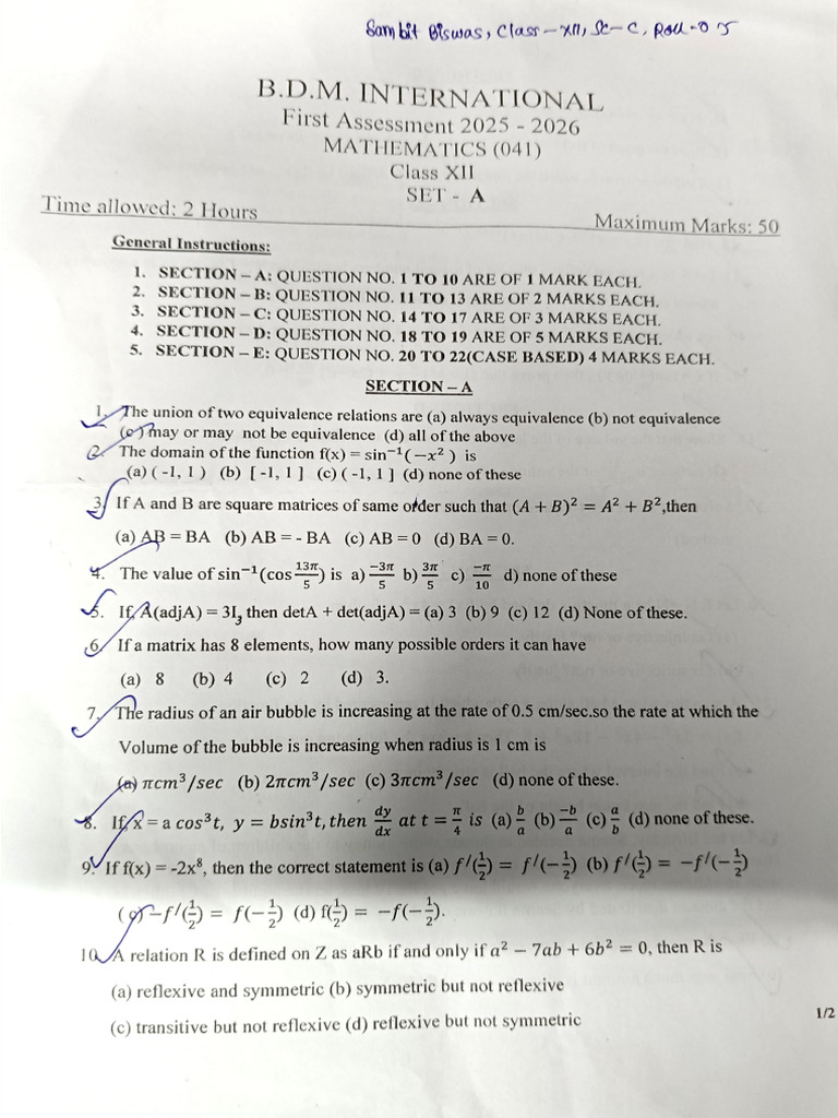 Maths Bdmi First Assessment | PDF