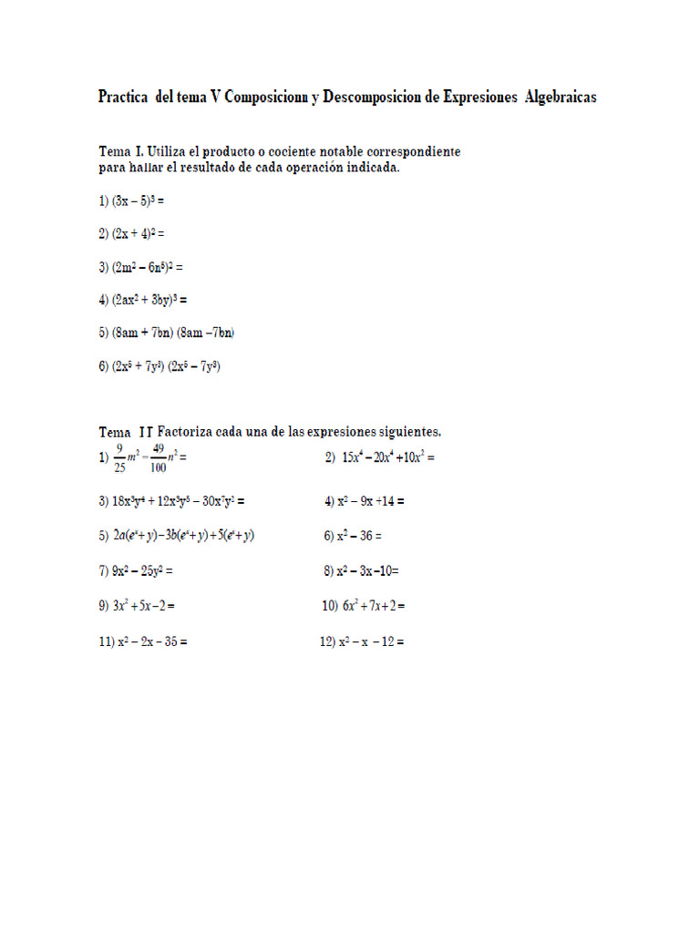 1 Practica Tema 5 Composicion y Descomposicion de Expresiones Algebraicas | PDF