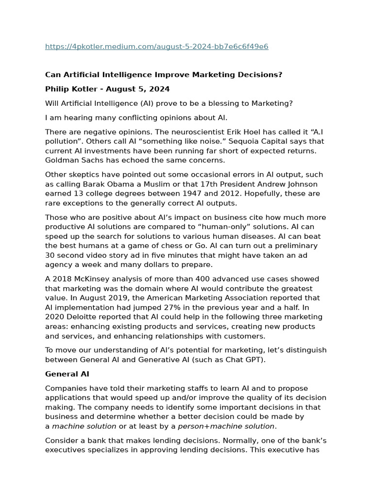 Can Artificial Intelligence Improve Marketing Decisions - Philip Kotler | PDF | Artificial ...