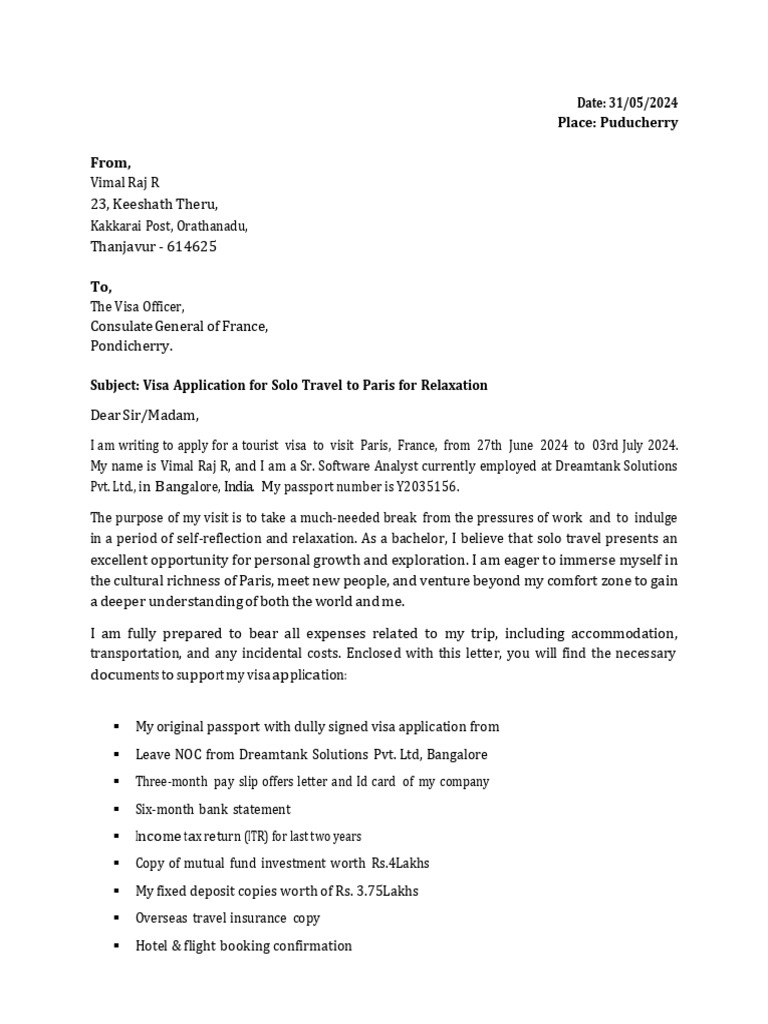 Cover Letter - Vimal Raj-1 | PDF | Paris | Travel Visa