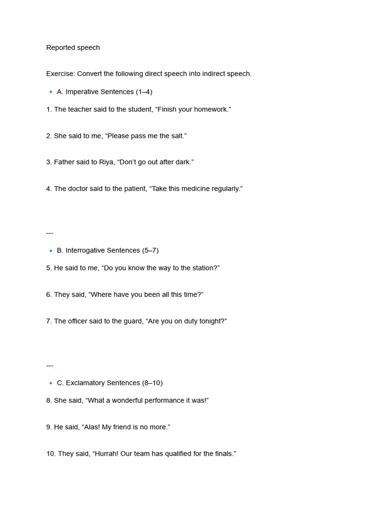 Reported Speech Conversion Exercises | PDF