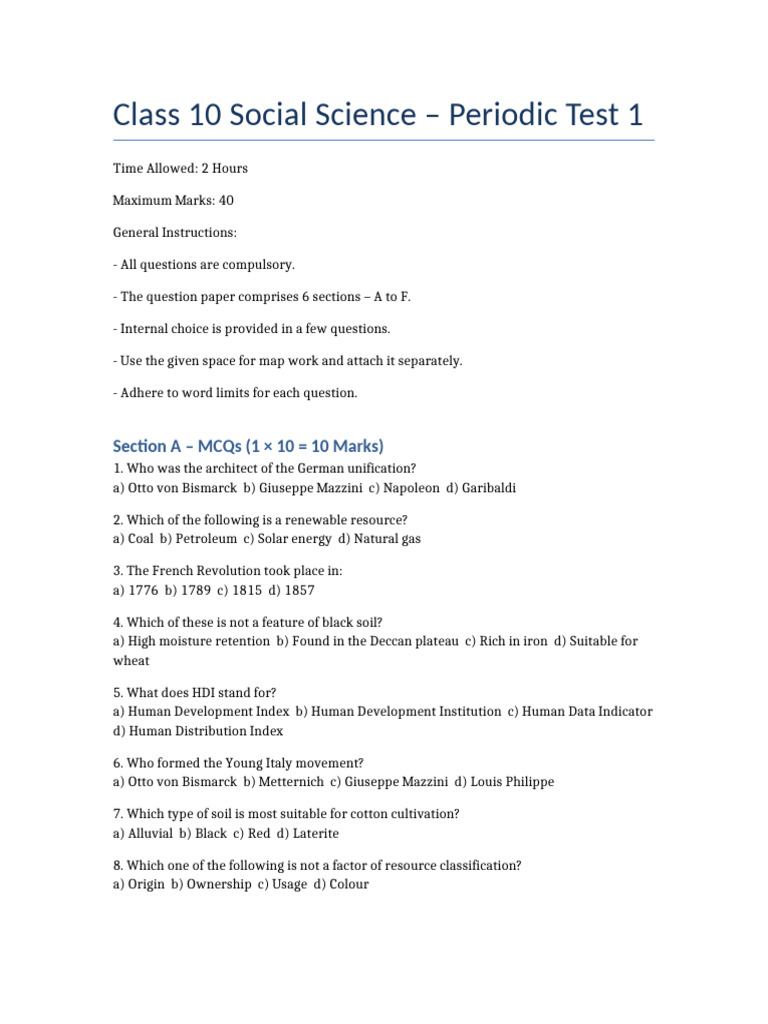 Class 10 SST Periodic Test 1 Guide | PDF | Resource | Soil