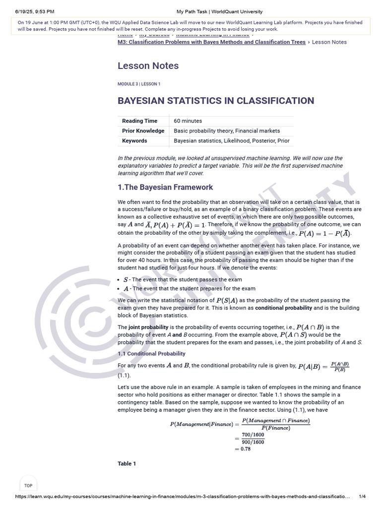 Lesson 1 M3 My Path Task - WorldQuant University | PDF | Statistical Classification | Bayesian ...