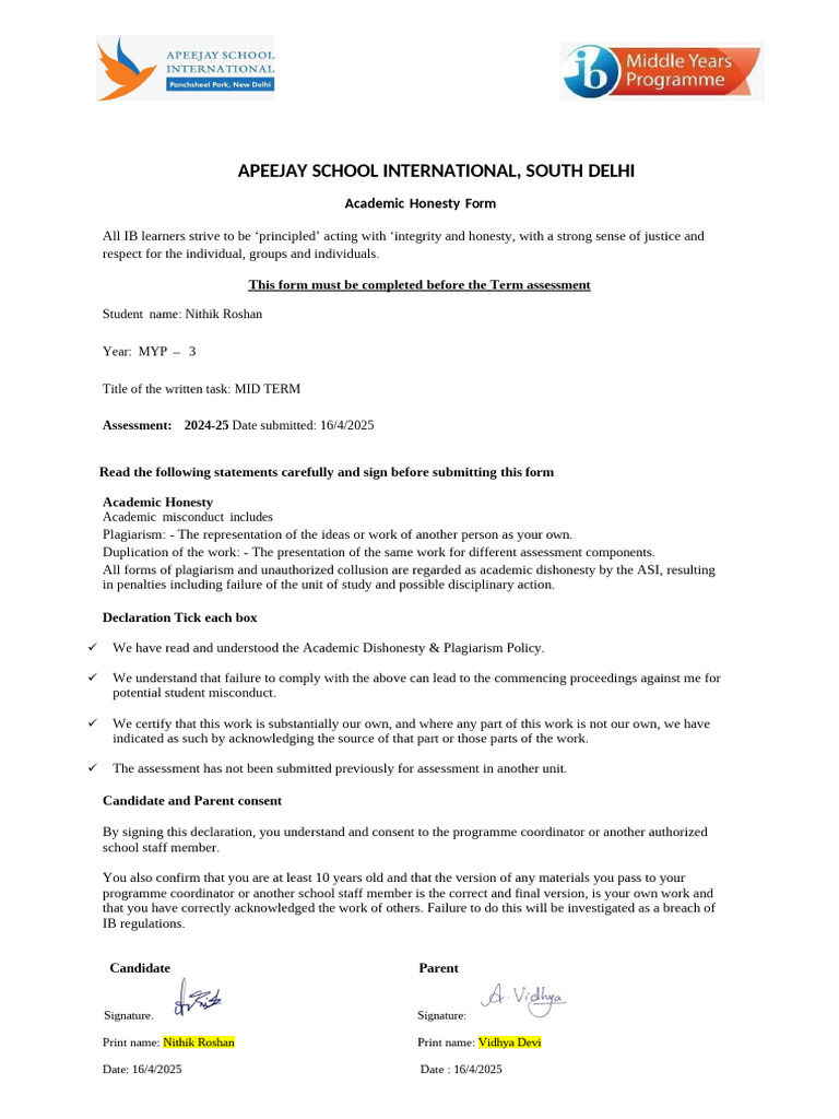 Academic Honesty Form 2024-2025 | PDF