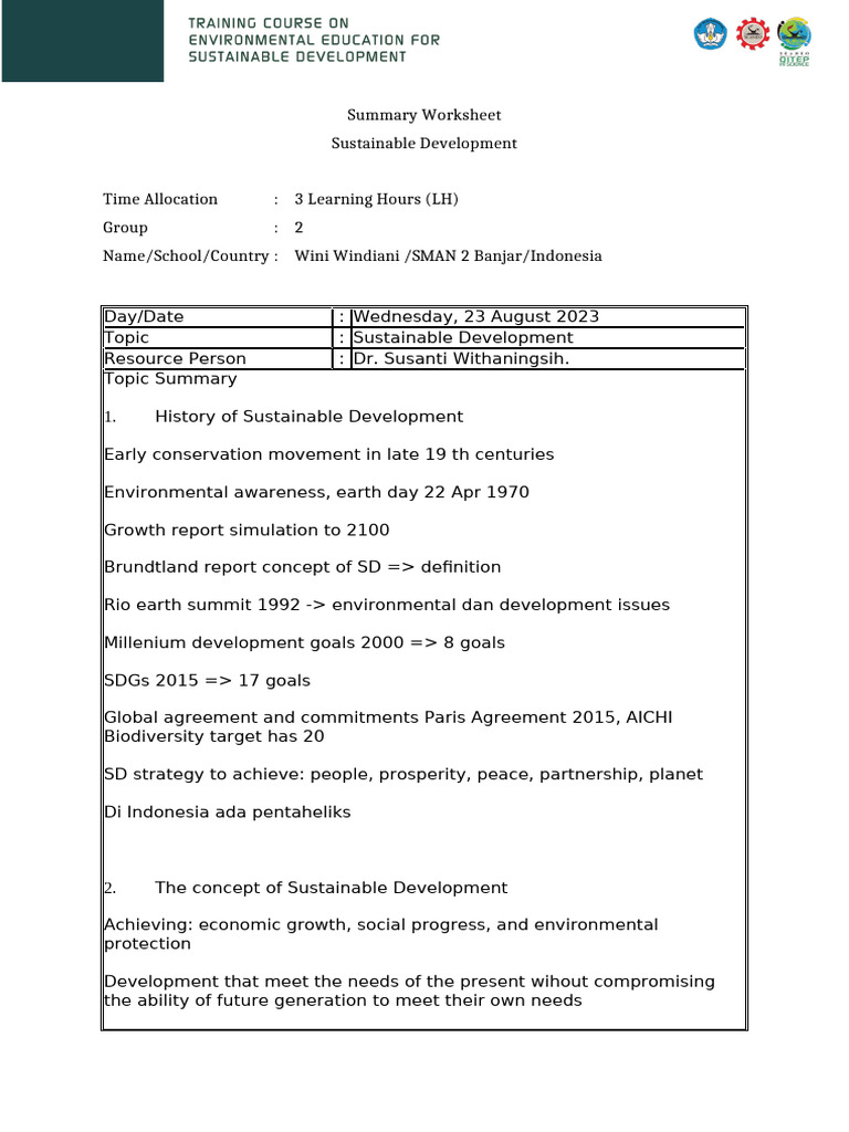 04 EESD Summary Worksheet Sustainable Development - Worksheet - Wini ...