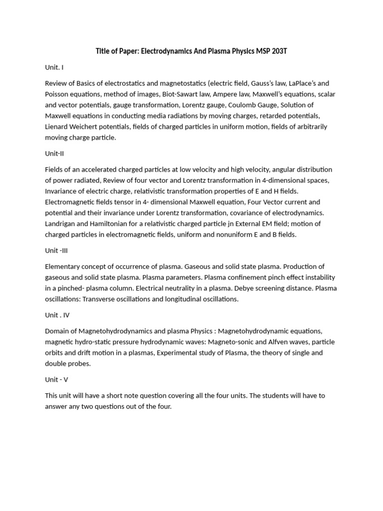 Electrodynamics and Plasma Physics MSP 203T | PDF | Plasma (Physics) | Electromagnetism