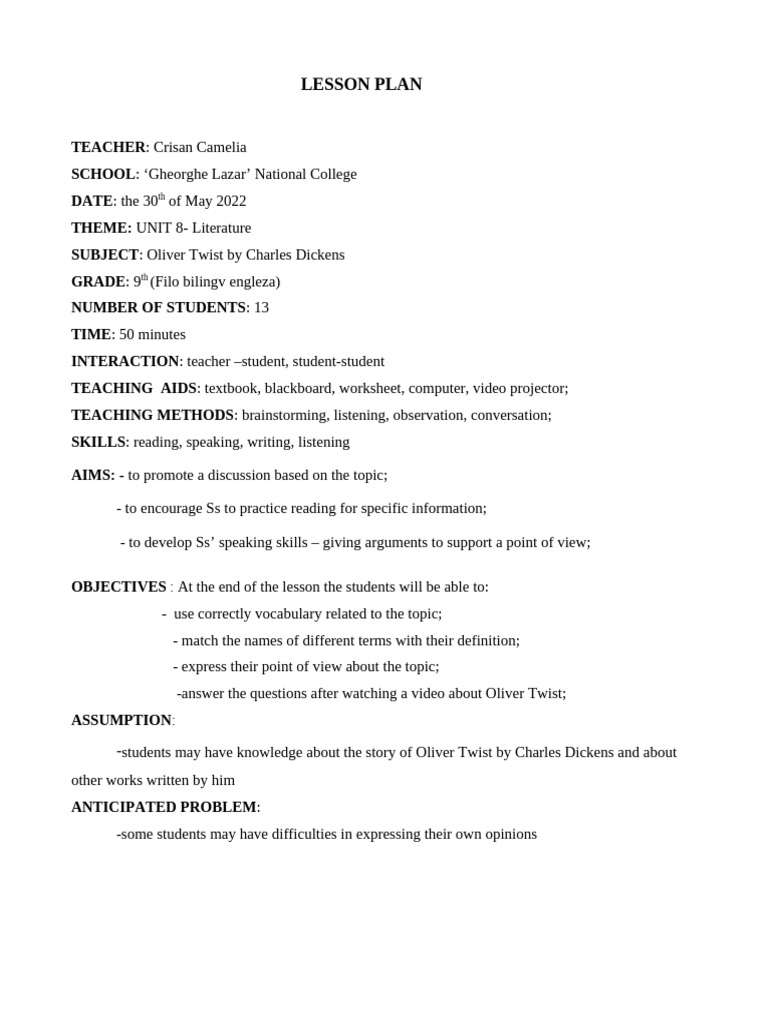 0 - Lesson - Plan - Oliver Twist A9a | PDF | Lesson Plan | Teachers