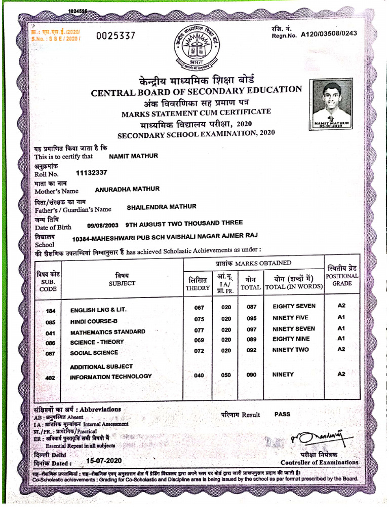 10th Marksheet (2) - 112634 | PDF