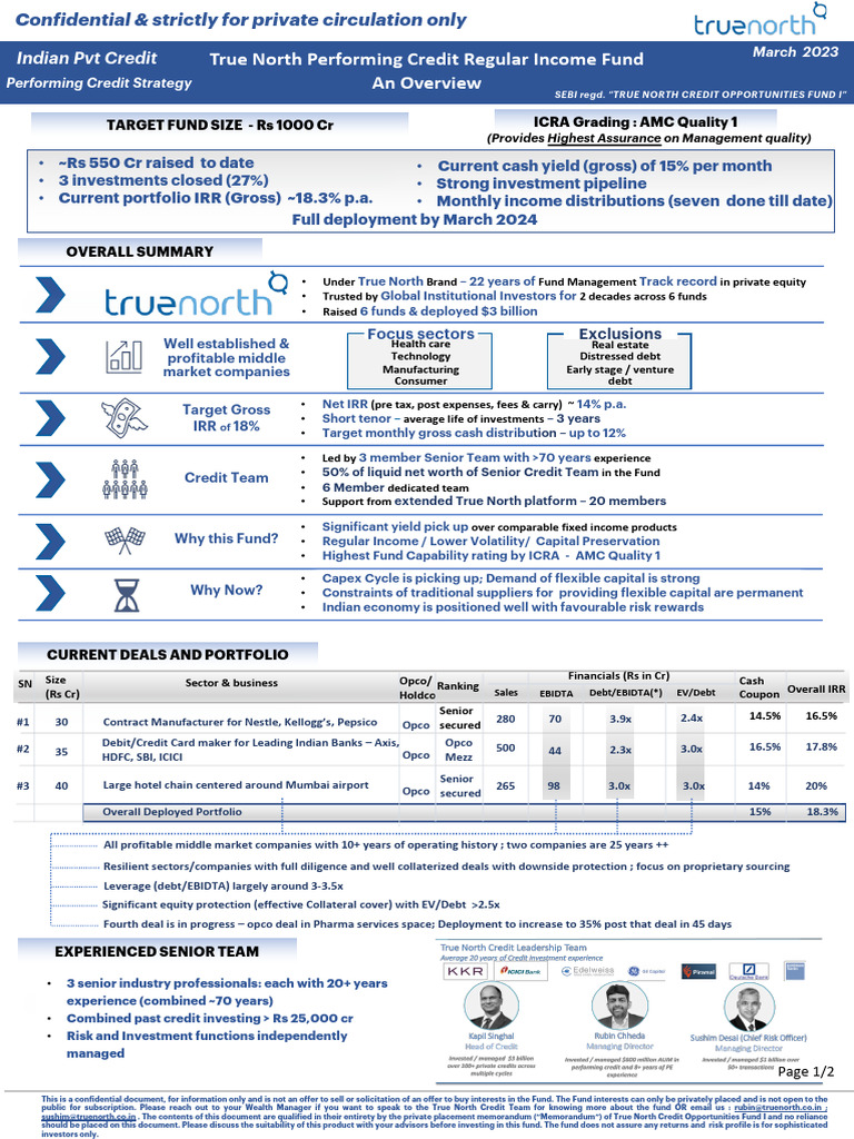 2 Pager INR-True North Credit Fund March 2023 | PDF | Internal Rate Of ...
