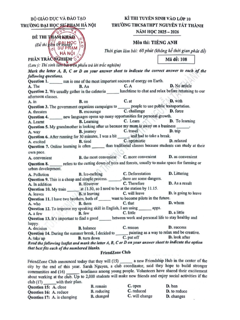 Đề minh họa NTT 25-26 | PDF
