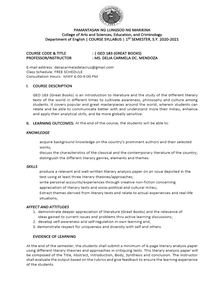 Great Books Course Syllabus 2020-2021 | PDF | Essays | Analysis