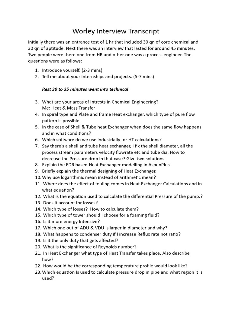 Worley Interview Insights and Questions | PDF | Heat Exchanger ...