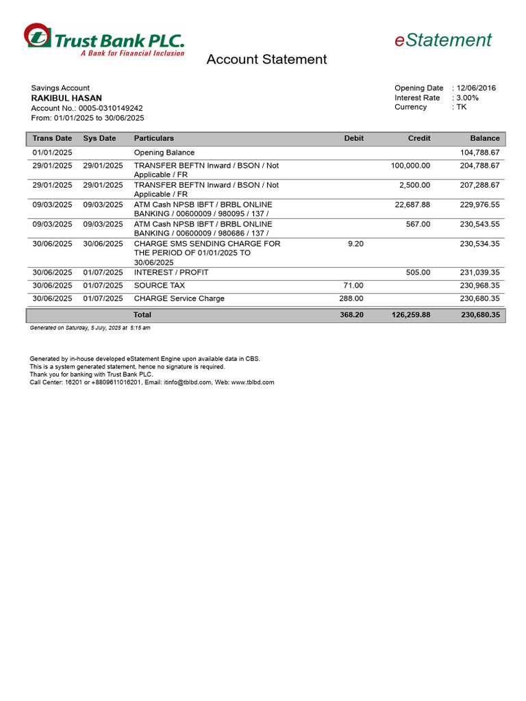 Estatement 0005-0310149242 20250101 20250630 | PDF | Banks | Private Sector