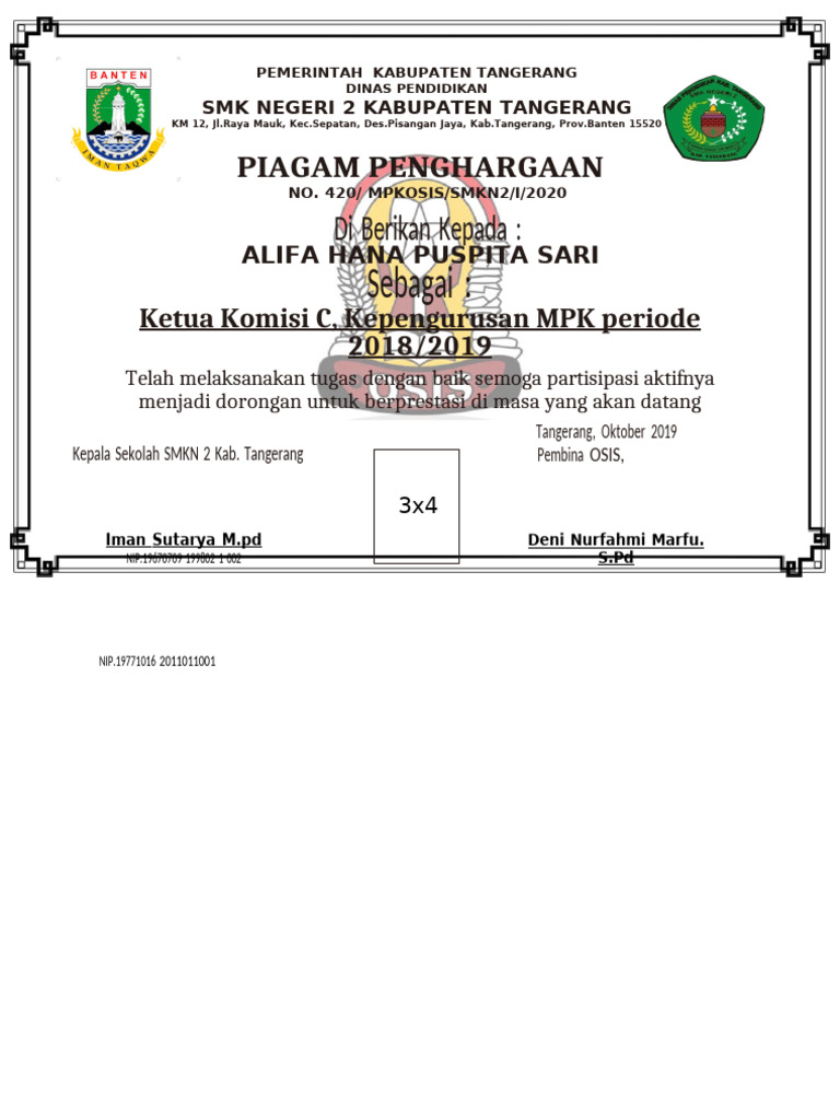 Contoh SERTIFIKAT RESMI MPK DAN OSIS | PDF
