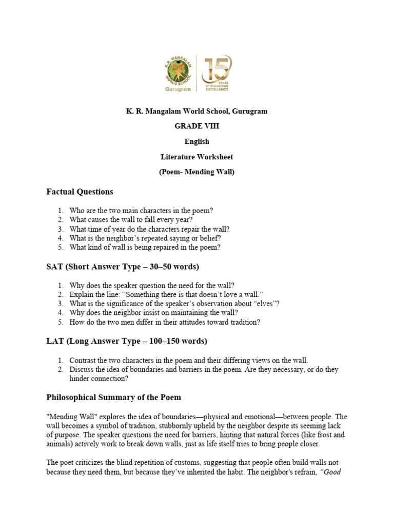 Mending Wall Poem Q&A Worksheet | PDF