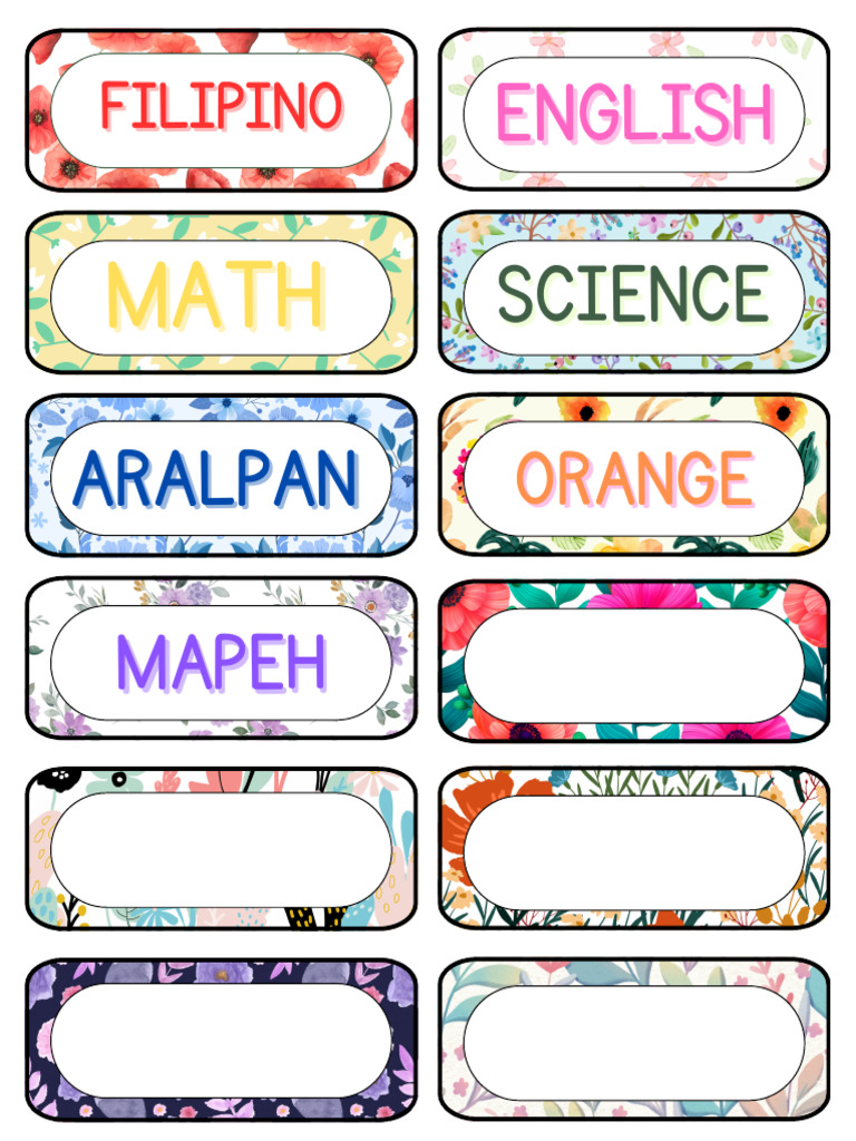 Colorful Floral Patterns Subject Labels US Document | PDF