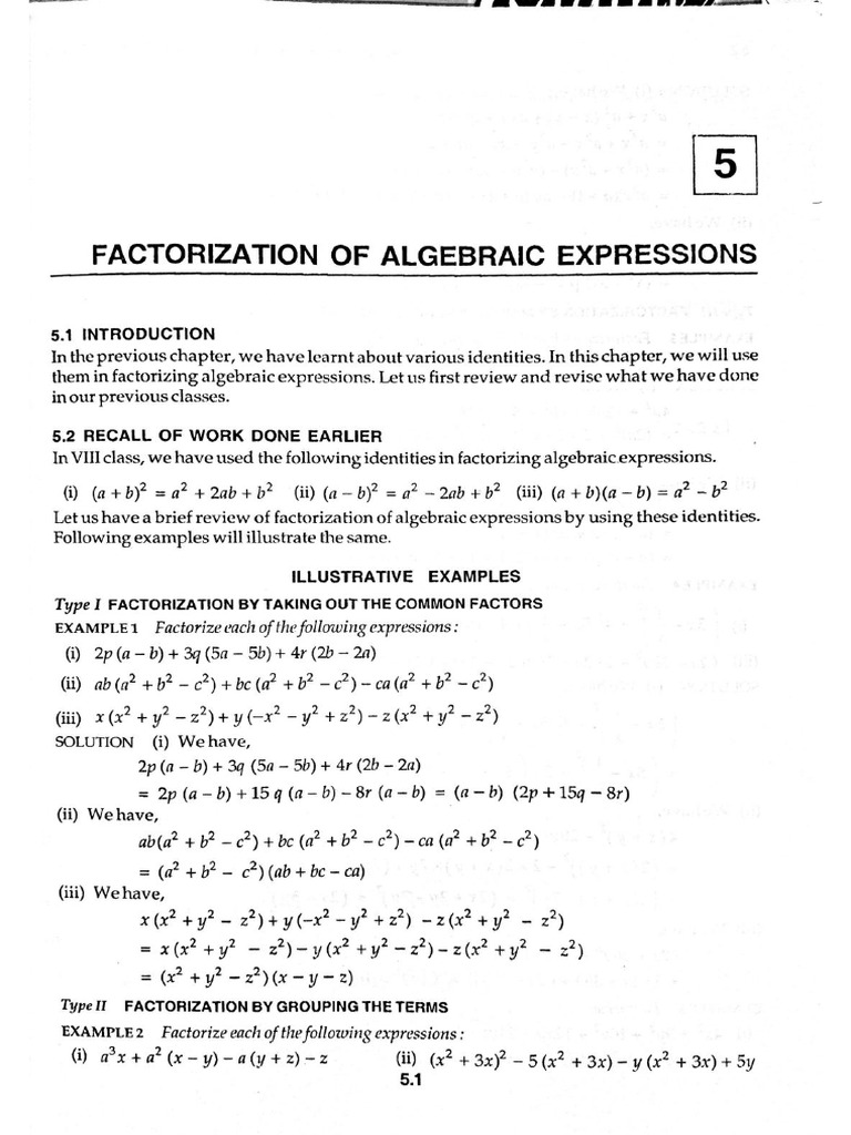 Chapter 5 - Factorisation of Algebric Expressions | PDF