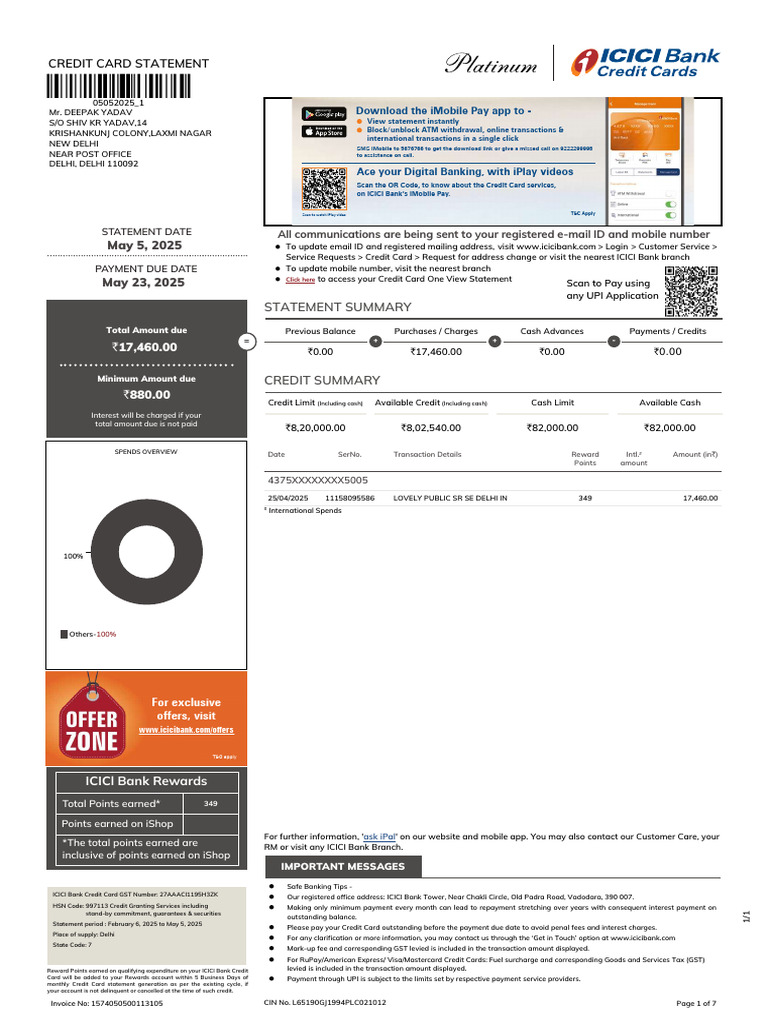 ICICI Bank Credit Card Statement Summary | PDF | Credit Card | Fee
