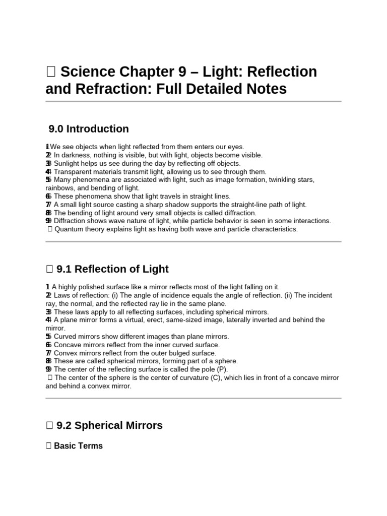 ? Science Chapter 9 - Light - Reflection and Refraction - Full Detailed ...