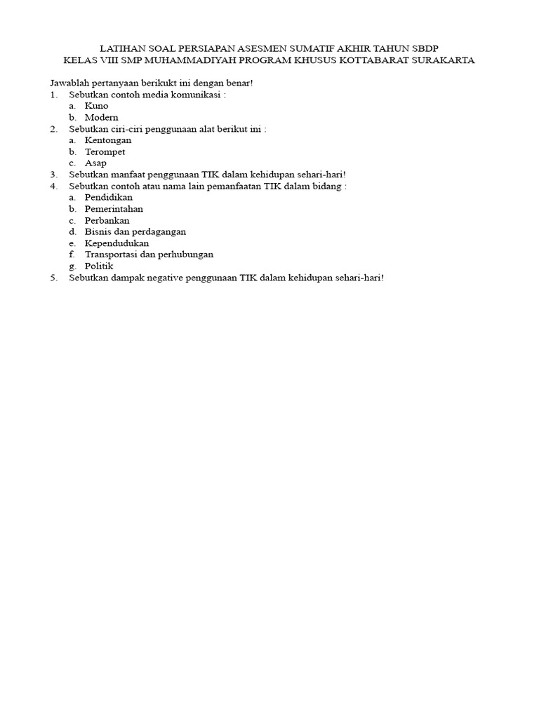 Latihan Soal Persiapan Asat SBDP 2425 | PDF