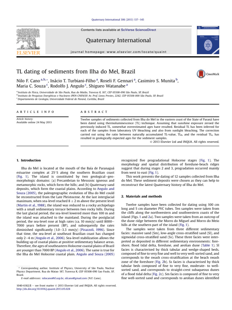 TL Dating of Sediments From Ilha Do Mel Brazil 2013 Quaternary Internationa | PDF | Ultraviolet ...