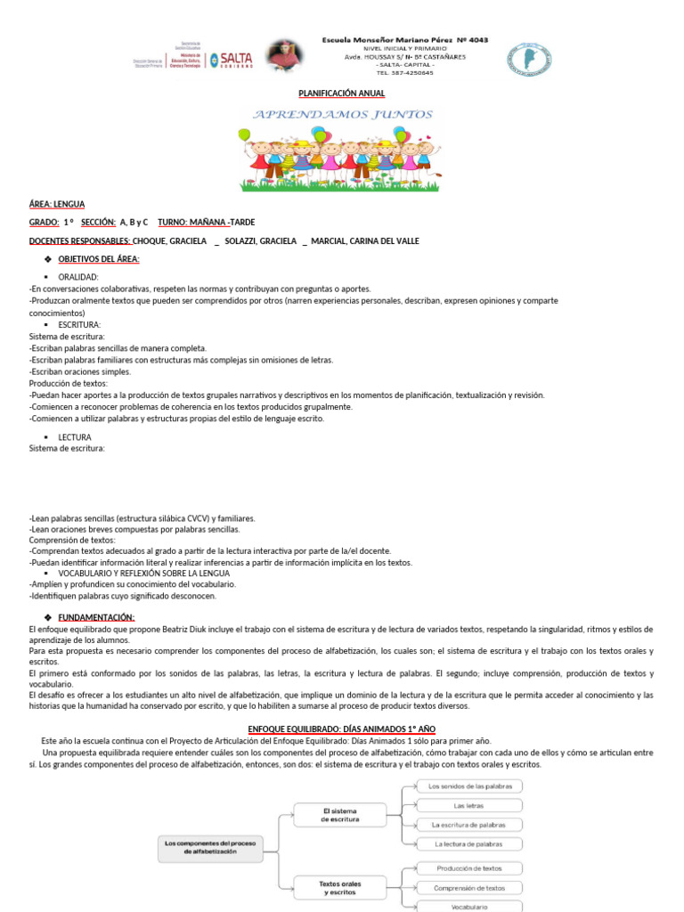 Planificación Anual Lengua 1 Grado Pdf Evaluación Escritura