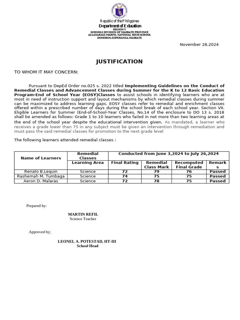 Remedial Classes Report for K-12 Students | PDF