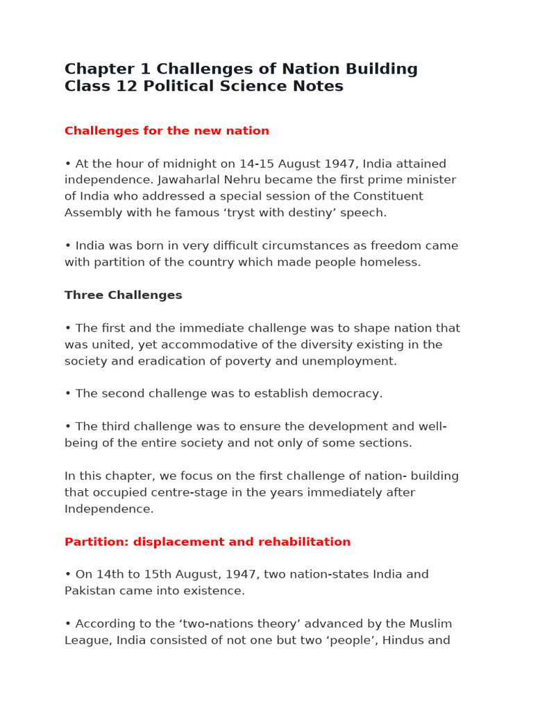 Chapter 1 Challenges of Nation Building Class 12 Political Science ...