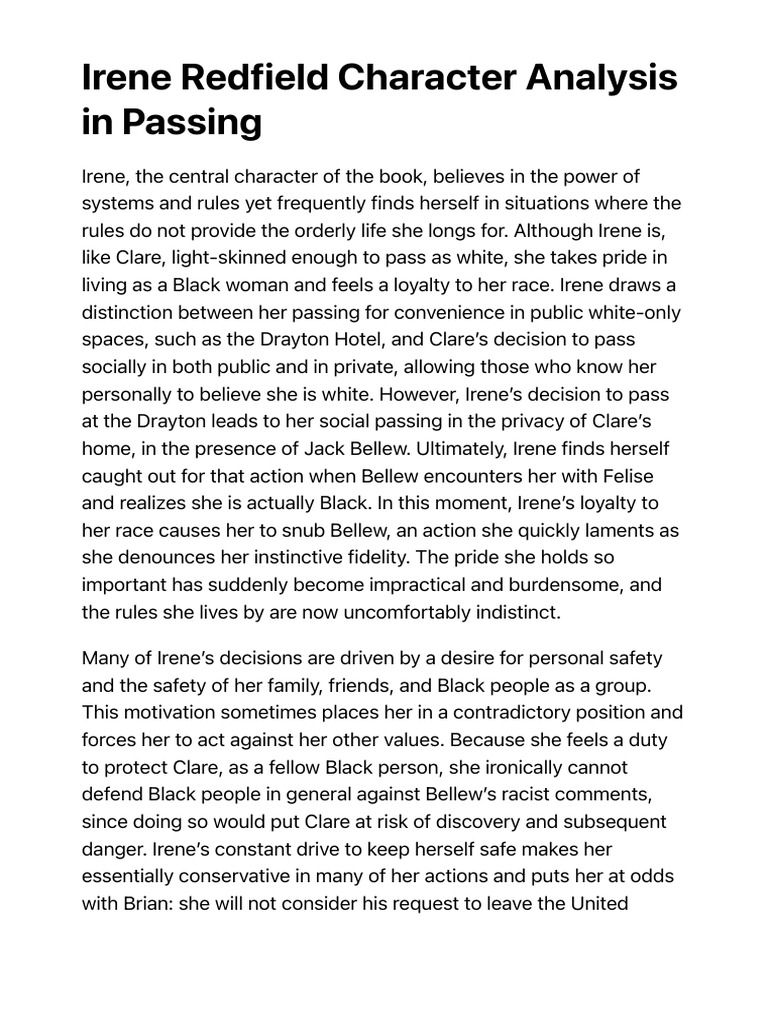 Irene Redfield Character Analysis in Passing - SparkNotes | PDF
