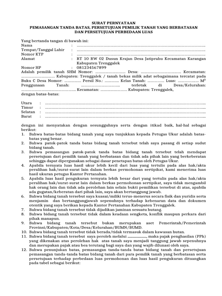 Format Surat Pernyataan Pemasangan Tanda Batas | PDF