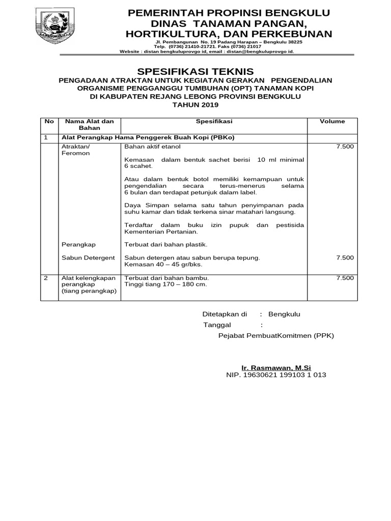 Spesifikasi Pengadaan Atraktan OPT Kopi | PDF