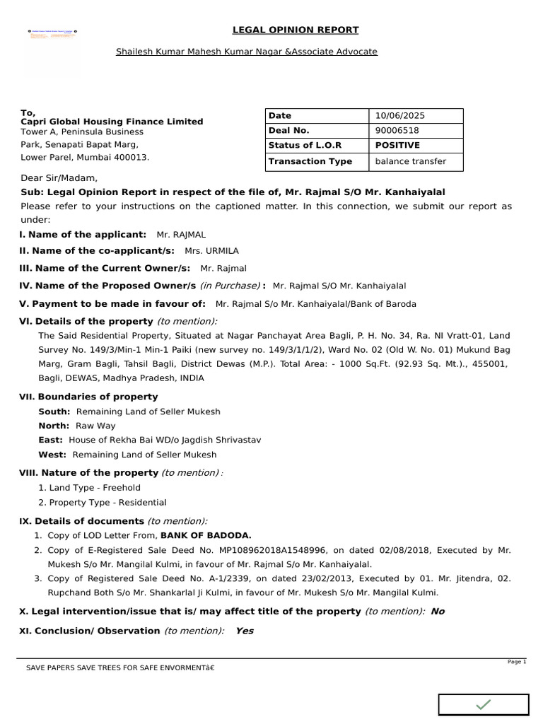 Legal Opinion Report for Property Transfer | PDF | Property Law ...