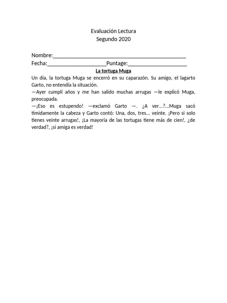 Evaluación Lectura y Comprension Lectura | PDF