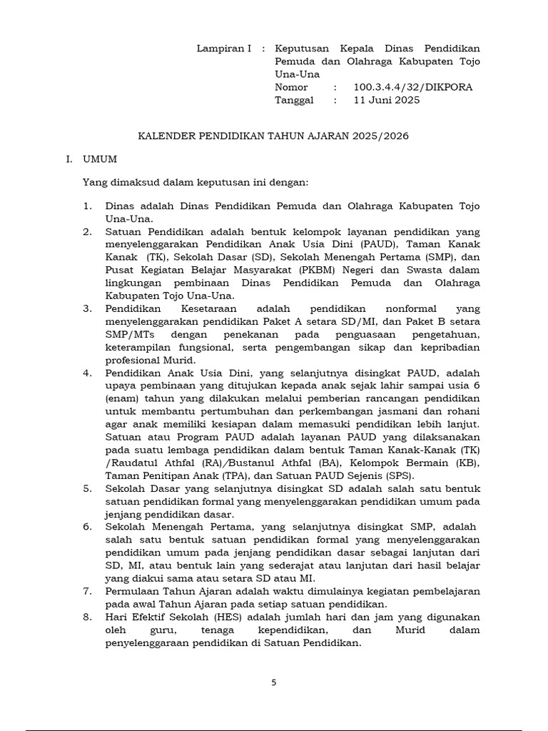 Lampiran I Kalender Pendidikan 2025-2026 | PDF