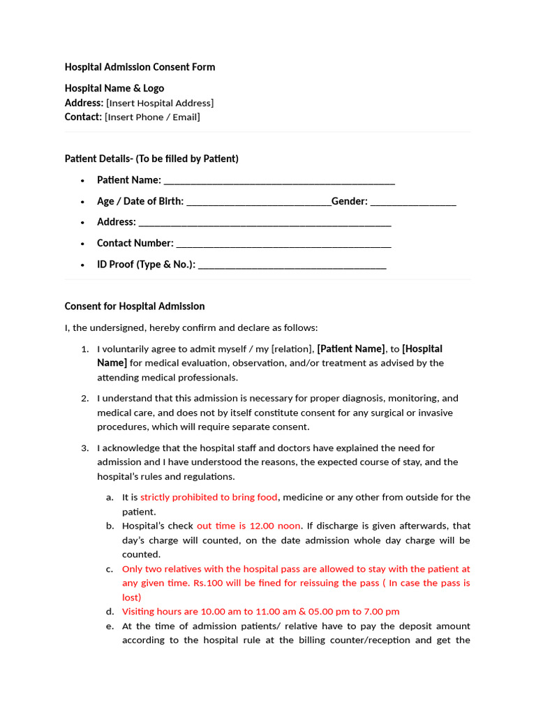 Consent Form-Patient Admission | PDF | Patient | Hospital