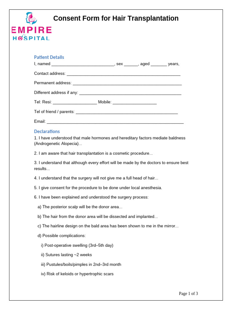 Hair Transplant Consent Form in Malayalam | PDF | Hair Loss | Medical ...