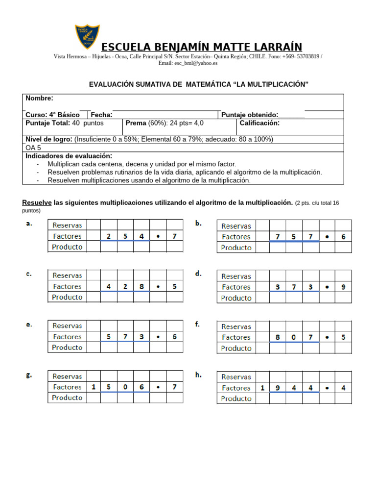 Prueba de Multiplicacion | PDF | Multiplicación | Notación Matemática