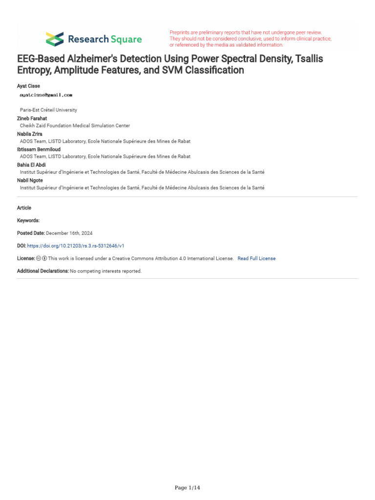 EEG-Based Alzheimers Detection Using Power Spectr | PDF | Electroencephalography | Sensitivity ...