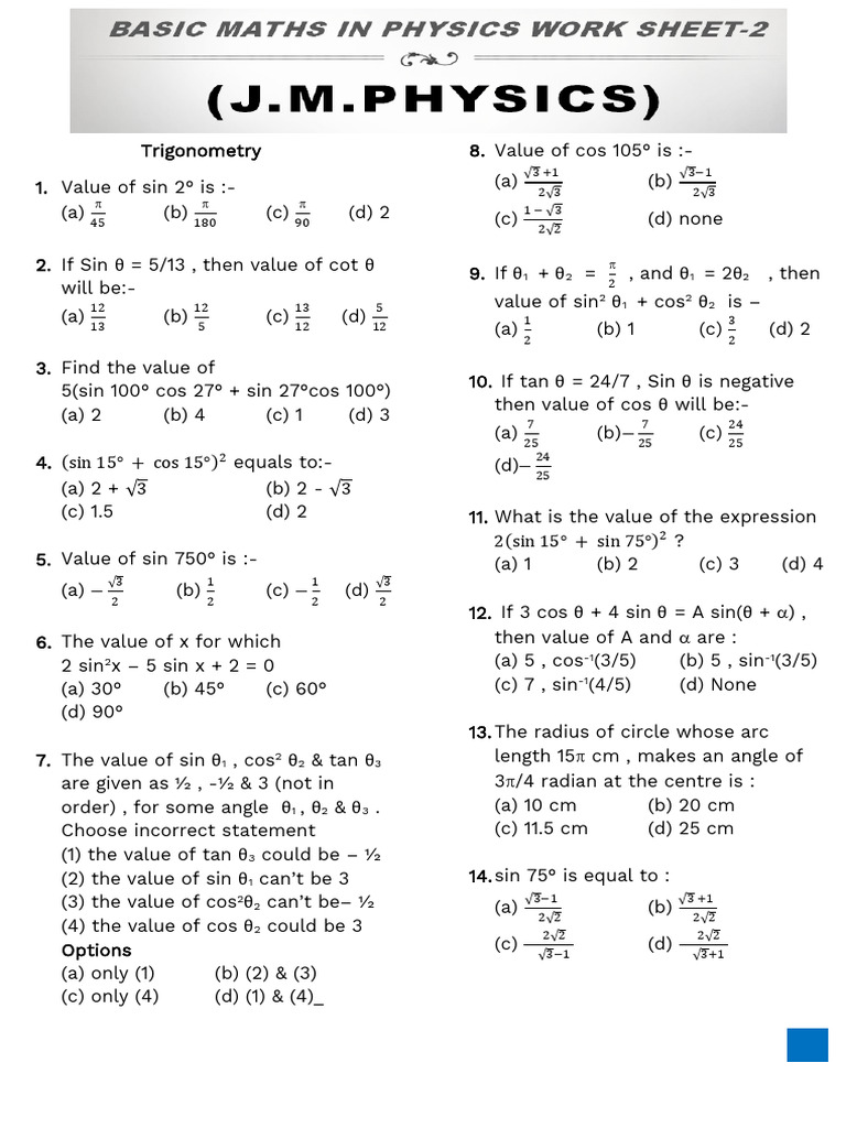 JM Physics Bridge Course W.sheet-2 | PDF | Angle | Geometry