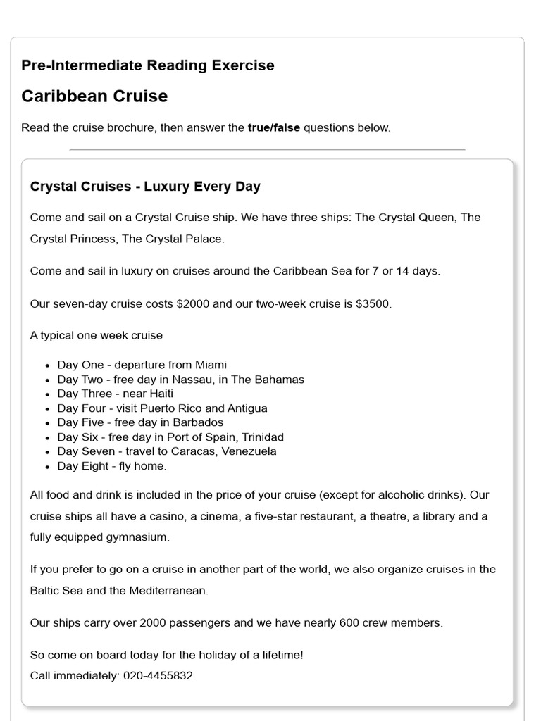 Pre-Intermediate Reading - Caribbean Cruise | PDF
